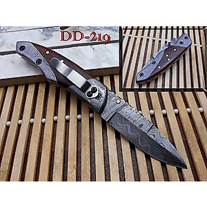 8" Long Folding Knife with Pocket Clip, Hand Forged Damascus Steel 3.5" Blade. Rose Wood Scale with Damascus Bolster, Cow Hide Leather Sheath Included with Belt Loop (Walnut Wood)