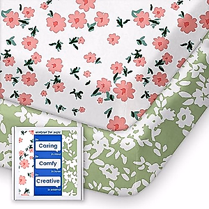 Graco Pack N Play Sheets Fitted, TotBasic Buttery Soft Portable Crib Sheets, Super Stretchy Jersey Cotton Pack and Play Sheet, Mini Crib Sheets Floral, 2 Pack Playard Sheets Cute Flower, Green & Pink
