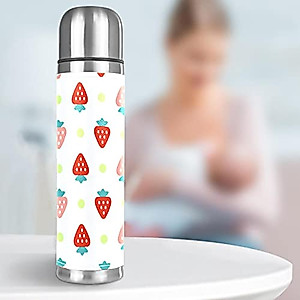 Stainless Steel Leather Vacuum Insulated Mug Strawberry Thermos Water Bottle for Hot and Cold Drinks Kids Adults 16 Oz