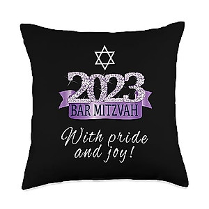 2023 Bar Mitzvah Gifts & Decorations For Boys Bar Mitzvah 2023 I with Pride & Joy I Purple Banner Decor Throw Pillow, 18x18, Multicolor
