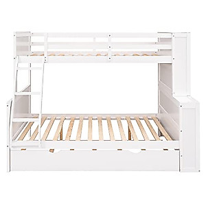 BIADNBZ Twin Over Full Bunk Bed with Trundle and Shelves, Can Be Separated into Three Separate Platform-Beds for Teens/Adults, Space-Saving Design, White