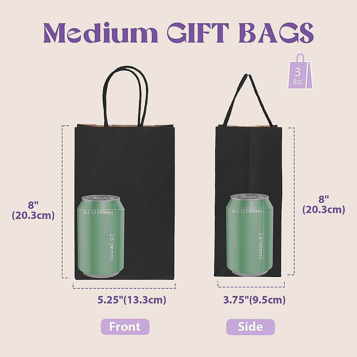 MESHA Gift Bags Black Paper Bags 5.25x3.75x8 Inches 20pcs Small Paper Bags with Handles Bulk,Black Kraft Bags,Grocery Shopping Bags,Wedding Party Favor Bags