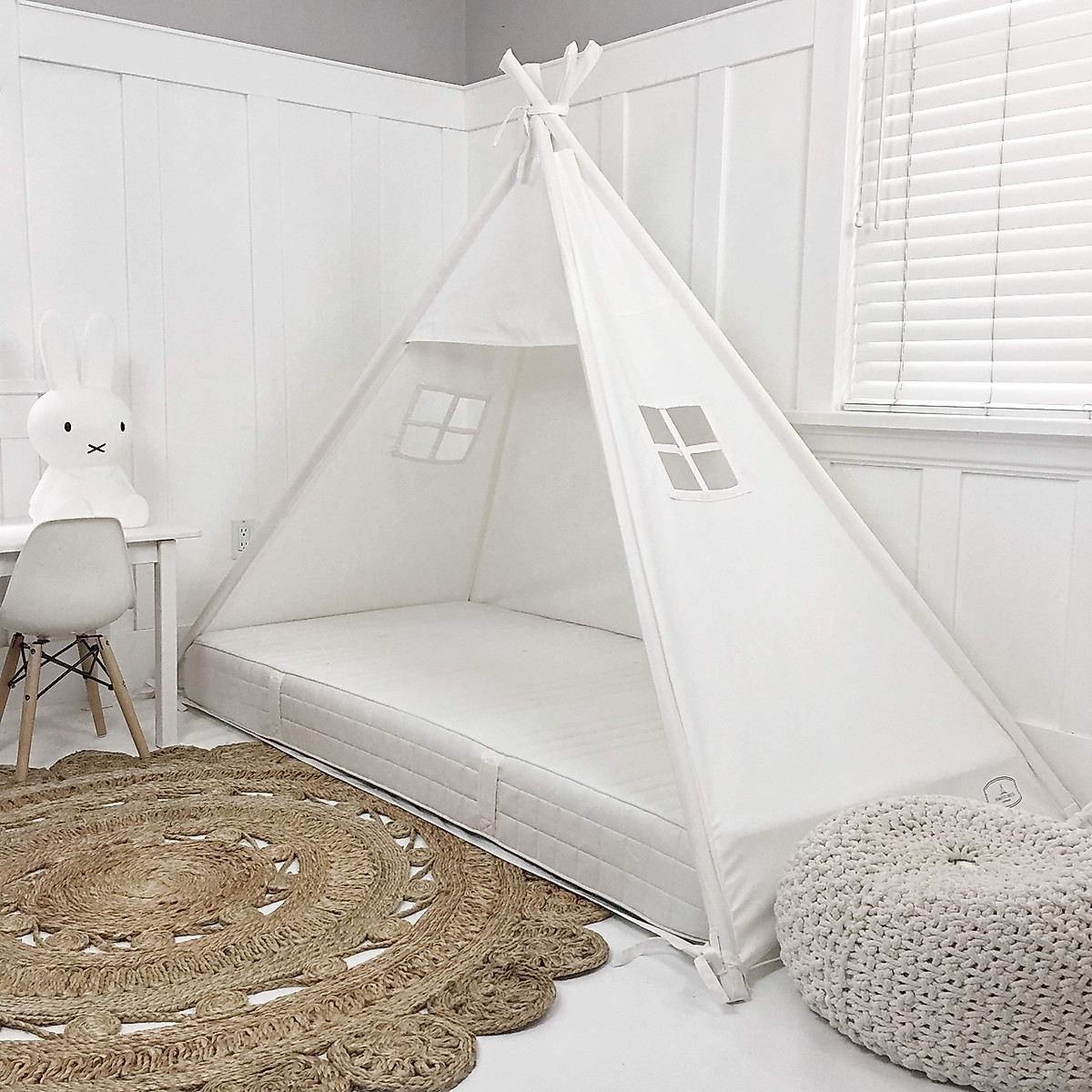 Domestic Objects | Play Tent Bed Canopy | Teepee for Mattress | 100% Cotton Canvas | Premium Quality (Twin/Single No Door) (White)