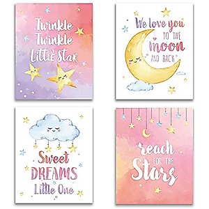 Love You to The Moon Stars Art Print Poster, 8x10" Watercolor Inspirational Family Love Saying Canvas Wall Art Printing for Kids Nursery Baby Bedroom Girls Daughter Granddaughter Room Decorations, Unframed
