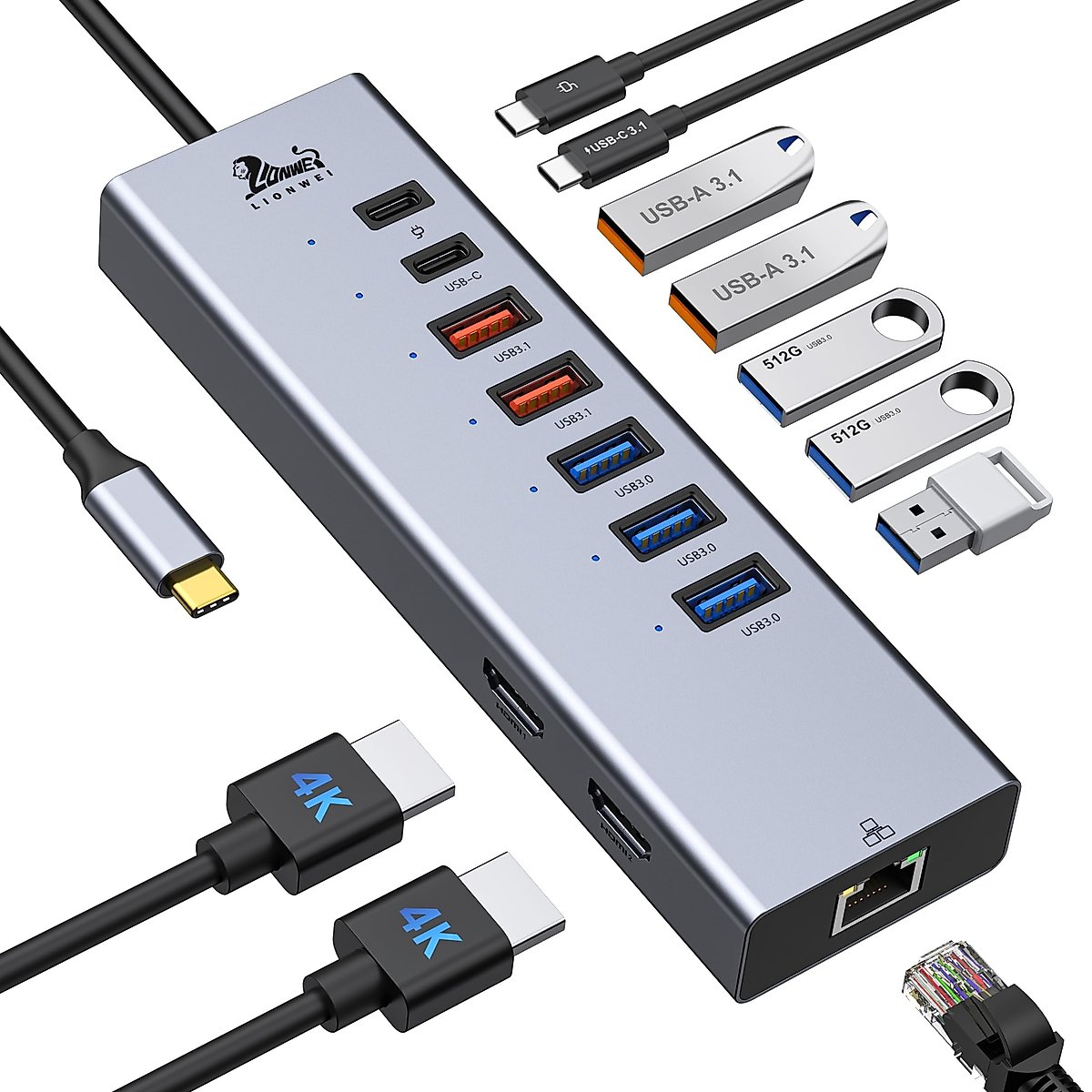 8K Dual HDMI USB C Hub 10Gbps Laptop Docking Station USB C to Dual 4K Monitor for Dell/HP/Lenovo, 10-in-1 USB C Adapter Dongle with Gigabit Ethernet, 2 USB 3.1, 3 USB 3.0, USB C Data and PD Charging