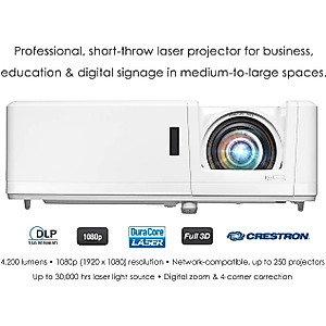 Optoma ZH406STx Short Throw Full HD Professional Laser Projector | DuraCore Laser Technology | High Bright 4,200 Lumens | 4K HDR Input | Four Corner Image Adjustment | Network Compatible