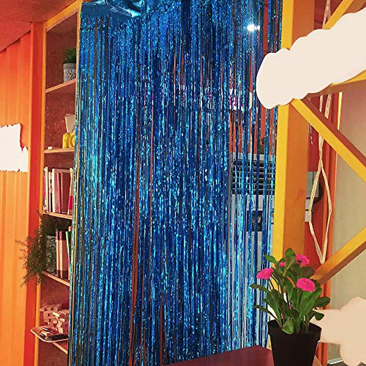 Blue Foil Fringe Curtains Iridescent Mermaid Shark Party Supplies Photo Backdrop Decor Curtains Under The Sea Backdropr Wedding Window Party Decorations Photo Booth Props(2 * 6.5 * 3.2 Ft, Lake Blue)