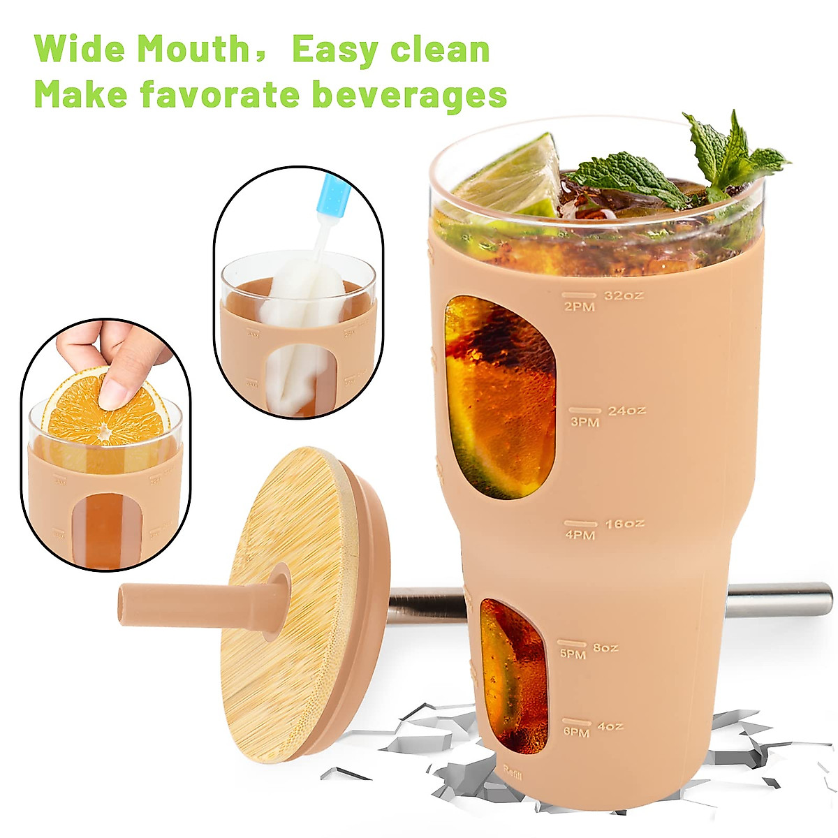 Tronco 32 oz Glass Tumbler with Straw and Lid - Reusable Drinking Glass Cup with Time Marker, Silicone Sleeve - Ideal for Boba, Smoothies, Tea and Iced Coffee Fits Cup Holder- BPA Free,Pink