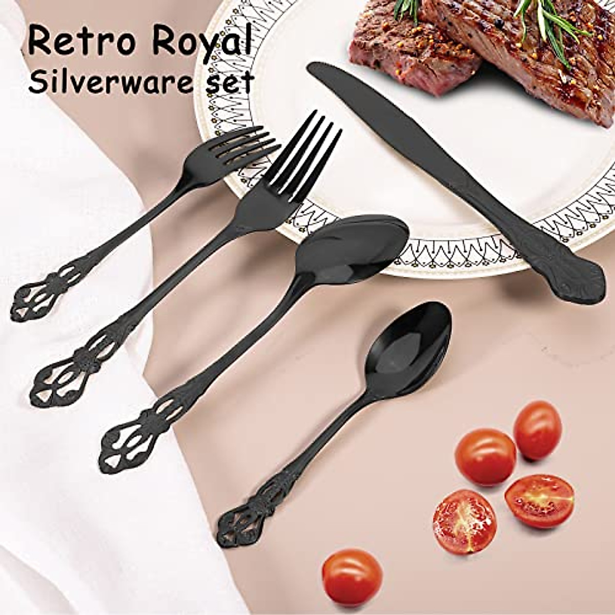 Black Silverware Set for 4, Stainless Steel Gorgeous Retro Royal Flatware Set, 20-Pieces Cutlery Tableware set, Kitchen utensils set Include Spoons And Forks Set, Mirror Finish, Dishwasher Safe