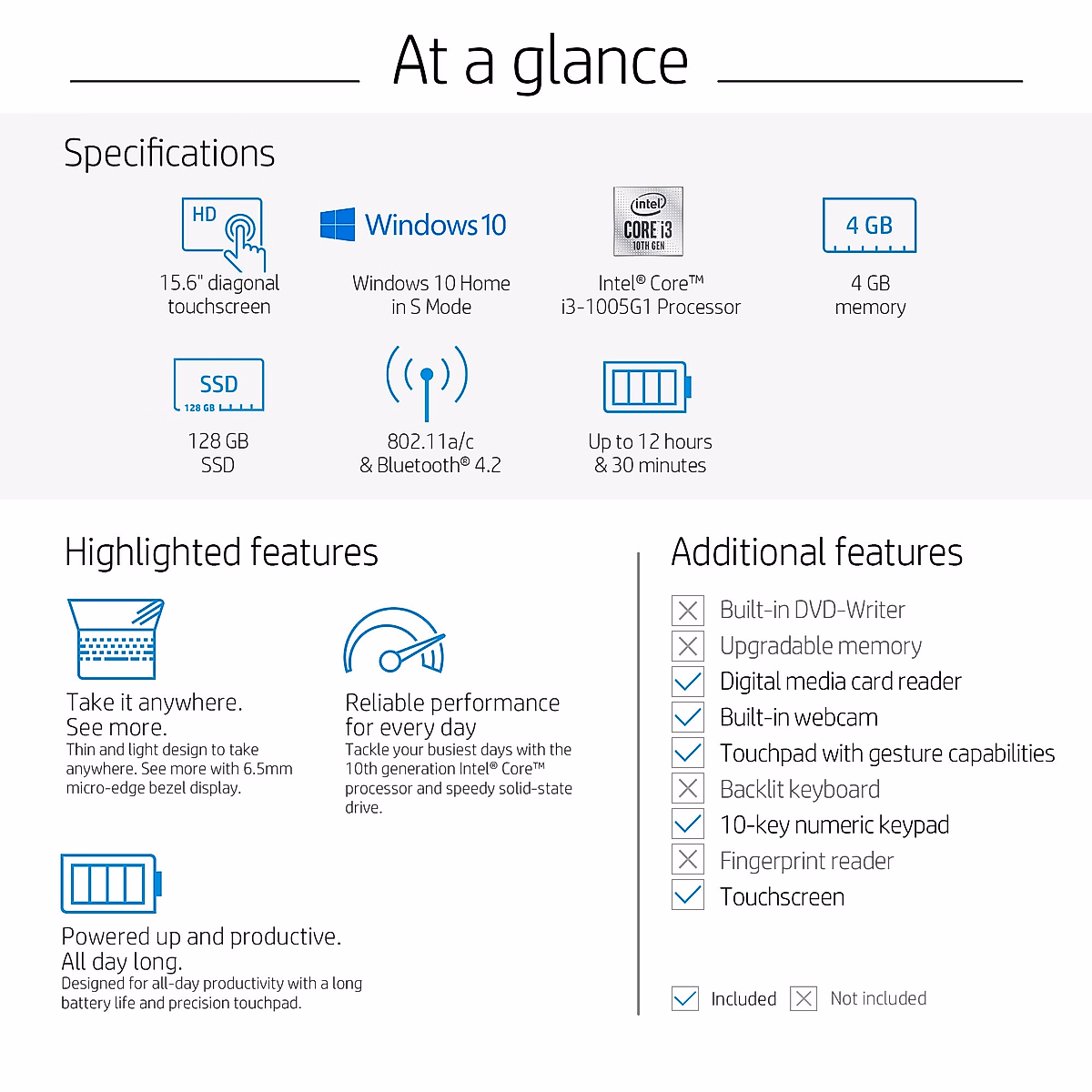 HP 15-Inch HD Touchscreen Laptop, 10th Gen Intel Core i3-1005G1, 4 GB SDRAM, 128 GB Solid-State Drive, Windows 10 Home in S Mode (15-dy1010nr, Natural Silver), 15-15.99 inches