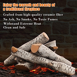 Hisencn Gas Fireplace Logs Set, Ceramic White Birch Log for Gas Fireplace Intdoor Inserts, Vented, Electric Gas Fireplaces, Outdoor Firebowl, Linear Fire Pits Ceramic Fiber Fake Wood Logs, 6pcs