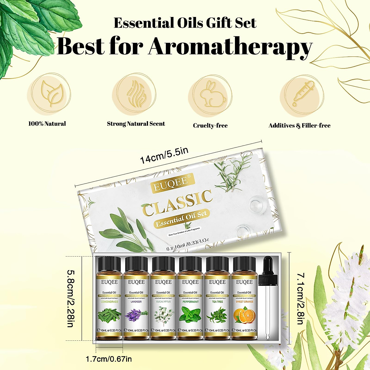 EUQEE Classic Essential Oil Set of 6 Pure Essential Oil Gift Set for Diffusers, Soap Candle Making - Lavender, Eucalyptus, Peppermint, Tea Tree, Sweet Orange, Lemongrass Aromatherapy Oils -10ml