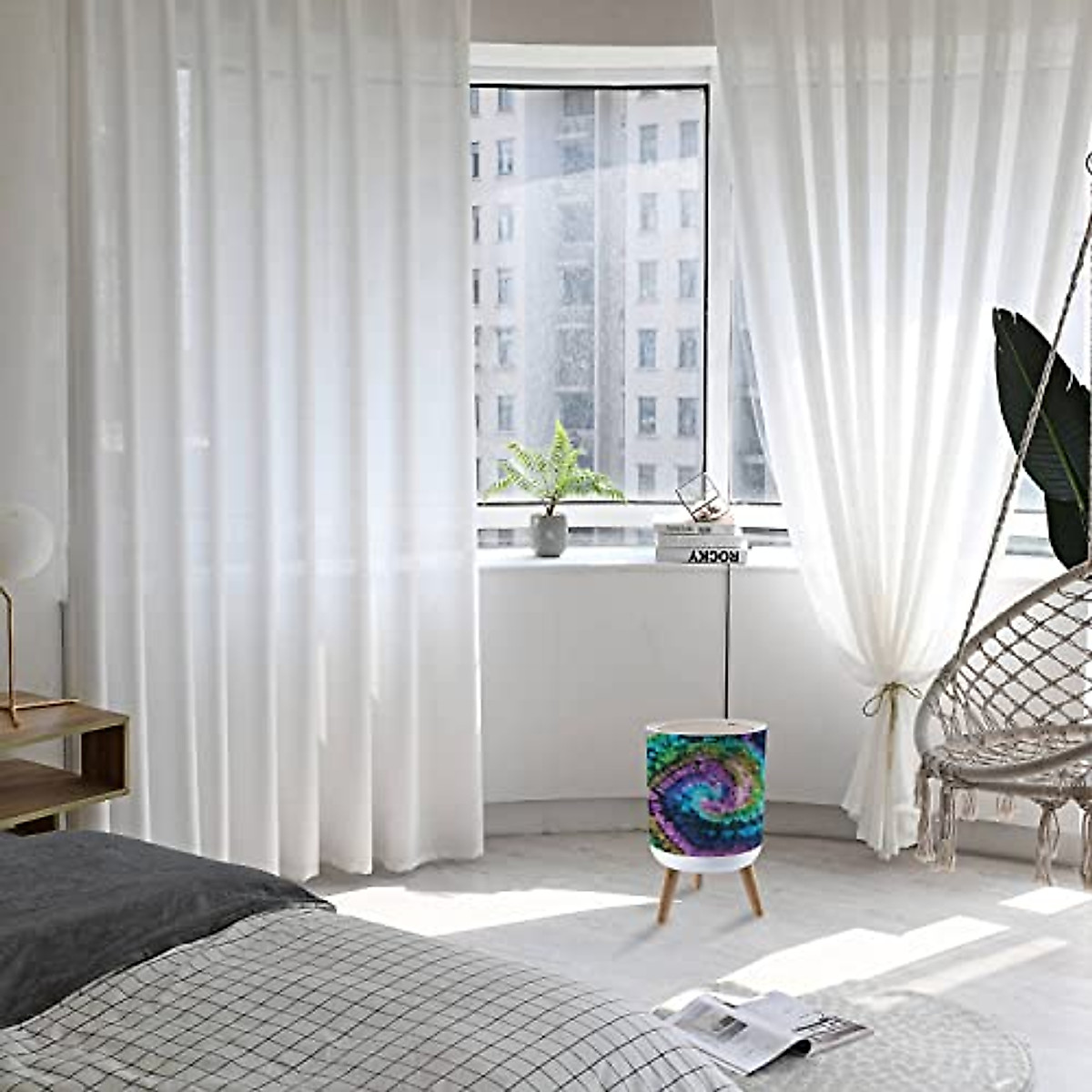 Small Trash Can with Lid Black Tie Dye Swirl Paint Brush Colored Tie Dye Multi Swirl Spiral Garbage Bin Wood Waste Bin Press Cover Round Wastebasket for Bathroom Bedroom Diaper Office Kitchen