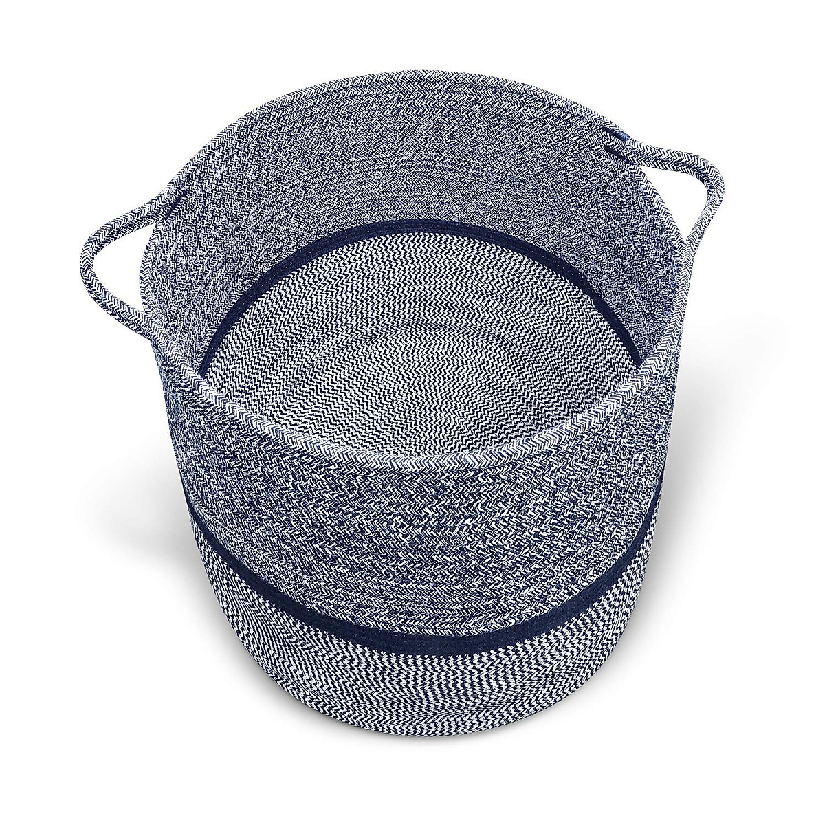 INDRESSME Large Cotton Rope Storage Basket Baby Laundry Basket Woven Baskets Blanket Basket with Handle for Diaper Toy Off White Home Decor 14.2'' x 13.4'' x 16.2'', Navy