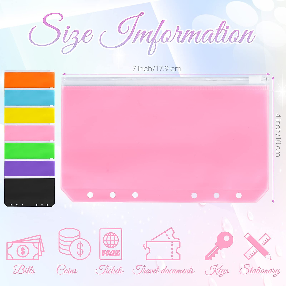 Sherr 84 Pcs A6 Binder Pockets Multicolor 6 Holes Budget Cash Envelopes with Zipper Waterproof A6 Planner Inserts Budget Binder Envelopes PVC Document Pouch Filing Bags for 6 Ring Binder Notebook