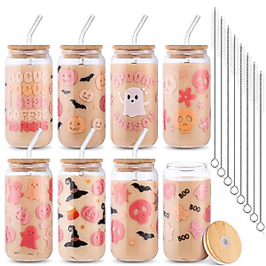 8 Pcs Pink Ghost Halloween Glasses Cups, 16 oz Cute Halloween Spooky Glass Cups with Lids and Straws Ghost Pumpkin Bat Iced Coffee Cups, Glasses Drinking for Halloween Party Gift