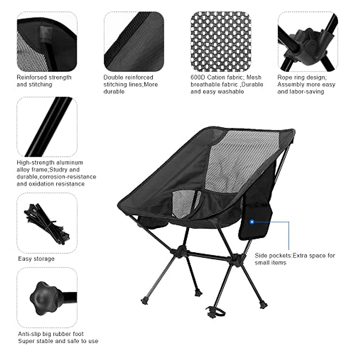 Portable Folding Camping Chairs,Ultralight Backpacking Chair for Adults for Beach,Outdoors,Hiking (Black)