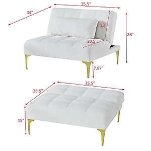 Convertible Sofa Bed, Single Futon Sofa Bed with Adjustable Backrest and Gold Metal Legs, Teddy Fabric Armless Chair for Living Room Bedroom Apartment Office, White