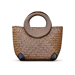 QTKJ Hand-woven Womens Straw Boho Handbag Bag for Women, Summer Beach Rattan Tote Travel Bag with Wood Round Top Handle (Khaki 2)