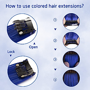 20 Inch Colored Hair Extensions Party Highlights Straight Colorful Clip In Hair Extensions Synthetic Rainbow Hairpieces for Girls Kids Gift(10Pcs Blue)
