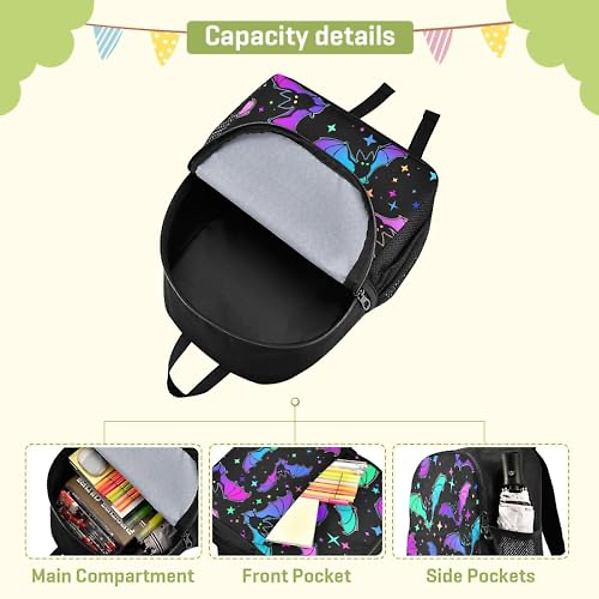 Sletend Toddler Backpack Colorful Bats Waterproof Mini Backpack Boys/Girls Cute Small Backpack Kindergarten Pre School Bags (S)