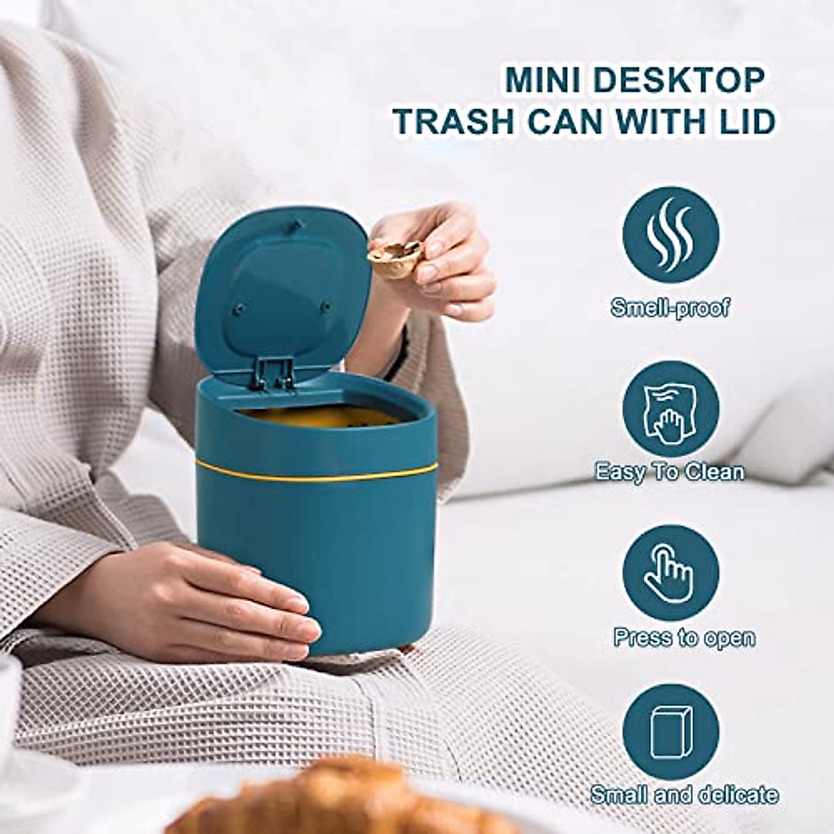 Mini Trash Can with Pop Up Lid Small Wastebasket with 2 Rolls of Trash Bags, Tiny Desktop Waste Garbage Bin for Home, Office, Kitchen, Vanity Tabletop, Bedroom, Bathroom(Blue)