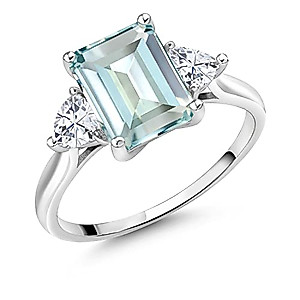 Gem Stone King 10K White Gold Sky Blue Simulated Aquamarine and White Moissanite 3 Stone Engagement Ring For Women (2.76 Cttw, Octagon 9X7MM, Gemstone March Birthstone, Size 8)