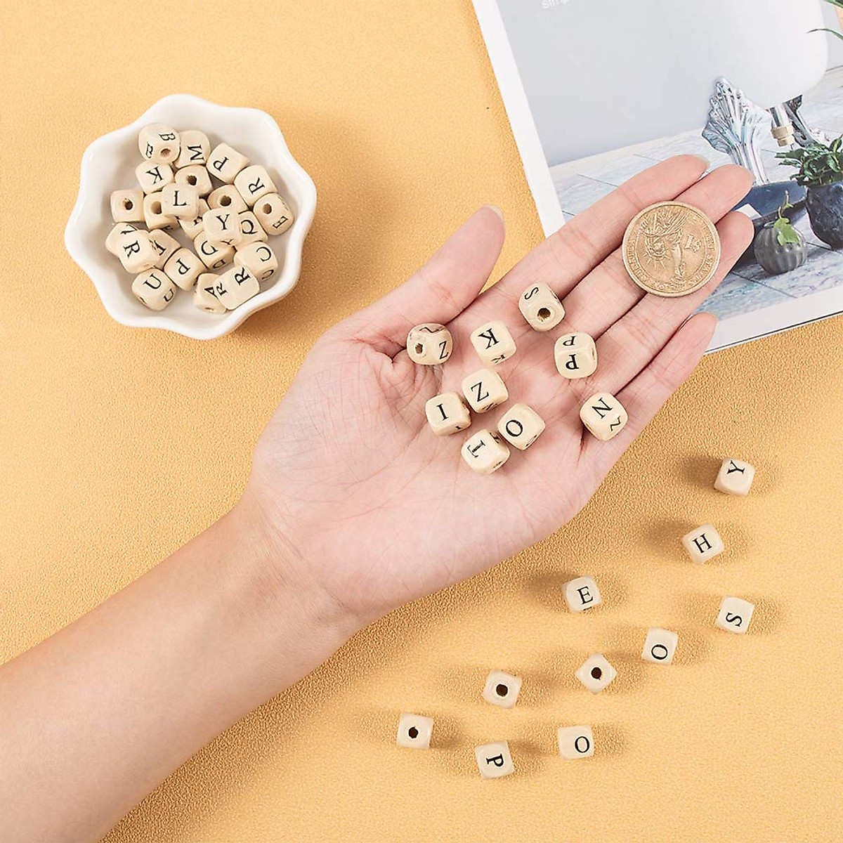 PH PandaHall 1060pcs 10mm Alphabet Wooden Beads Random Natural Square Wooden Beads 3~4mm Hole Wooden Loose Beads with Initial Letter Cube Beads Letter Beads for Jewelry Making and DIY Projects