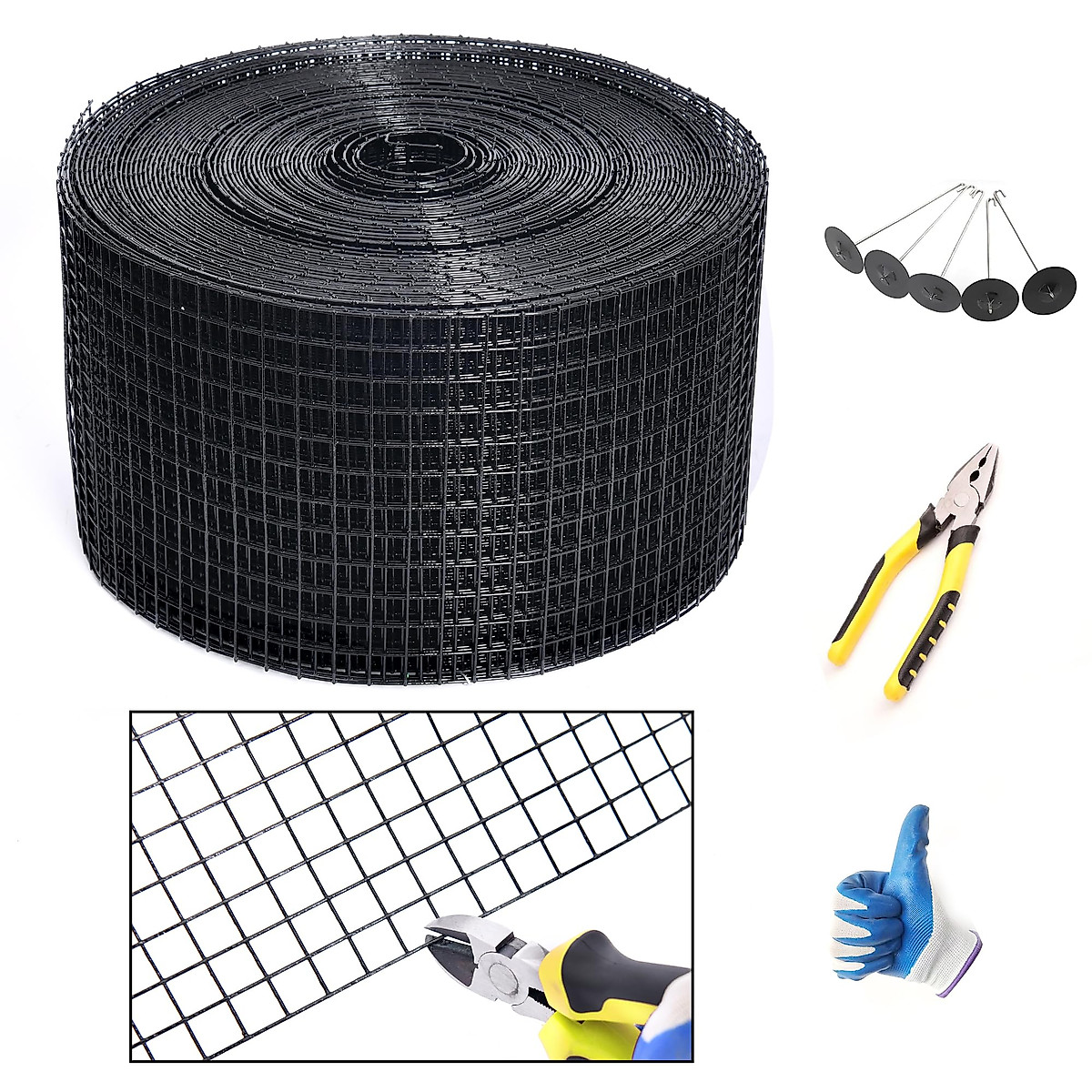 YESON Solar Panel Guard, 8in X 100ft PVC Coated Critter Guard Roll Kit for Solar Panel Wire Screen, Black Pigeon Barrier Netting with 120 Fastener Clips, Cutting Scissor, Gloves