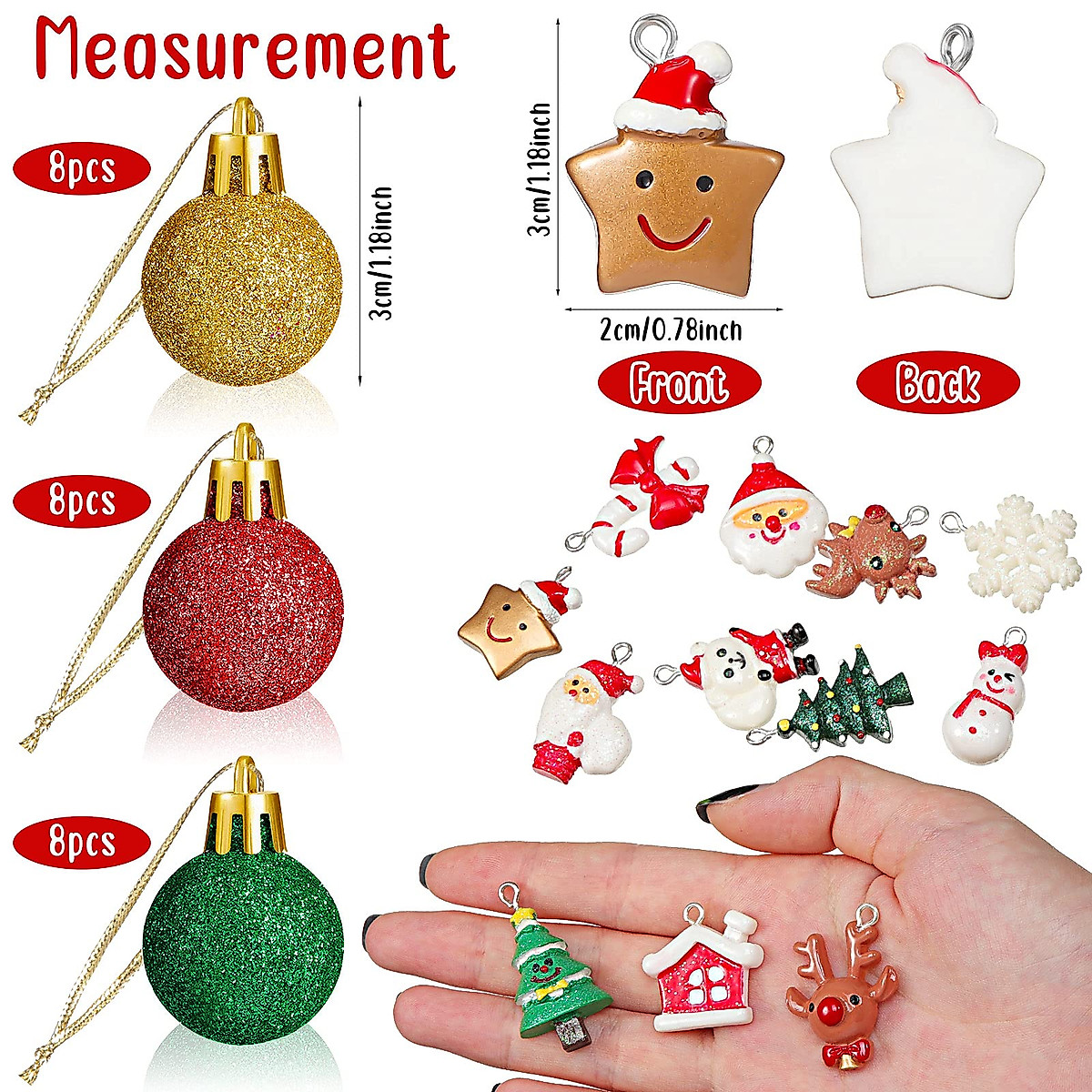 36 Pieces Christmas Mini Glitter Glass Resin Ornaments Set Small Resin Xmas Hanging Ornaments Miniature Balls Tree Ornaments for Christmas Tree Ornaments Decoration (Gold, Red, Green)