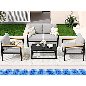 Outdoor Aluminum Furniture Set,4 Piece Patio Conversation Sets,Removable & Washable Cushion,Ink Color Tempered Glass Table Light Grey