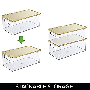 mDesign Plastic Kitchen Storage Bin - Stackable Fridge, Pantry Cabinet, Freezer Organizer - Food Storage Bin Box w/Handles, Steel Lid - 15" Long - Ligne Collection - 2 Pack - Clear/Soft Brass