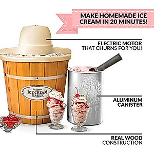 Nostalgia Electric Ice Cream Maker, Old Fashioned Bucket Style Ice Cream Machine Makes 4-Quarts of Ice Cream, Frozen Yogurt or Gelato in Minutes, Made from Real Wood, Brown