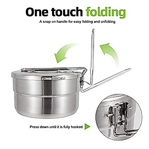 Denpetec Stainless Steel Camping Cook Pot with Lid and Folding Handle Camping Cookware 1.5L Large Capacity Bento Pot for Camping, Hiking, Picnic