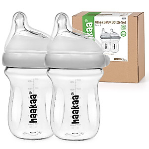 haakaa Glass Baby Bottle 2pk - 6oz/180ml for Baby Feeding, Anti-Colic Variable Flow Nipple, Wide Neck (Grey, 6m+)