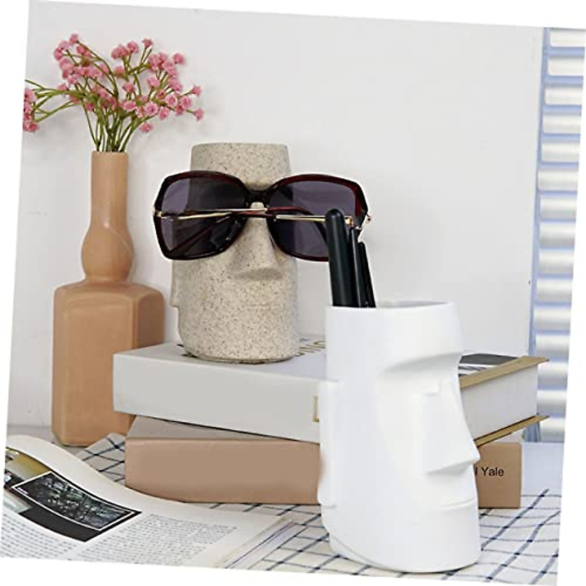 Operitacx Stone Pencil Holder Multifunctional Storage Box Eye Glasses Storage Organizer Pencil Organizer Case Easter Island Stone Pen Holder Desk Pen Organizers Desktop Storage Holder White