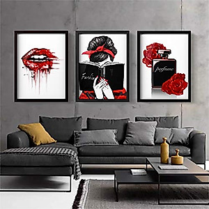 Facioro Fashion Woman Canvas Wall Art, Red Wall Decor for Bedroom Decor, Red and Black Art Posters, Red Lips Red Rose Perfume High Heels and A Fashion Women with Red Hair Ribbons Prints Wall Pictures, Girls Room Decor, Black and Red Fashion Poster