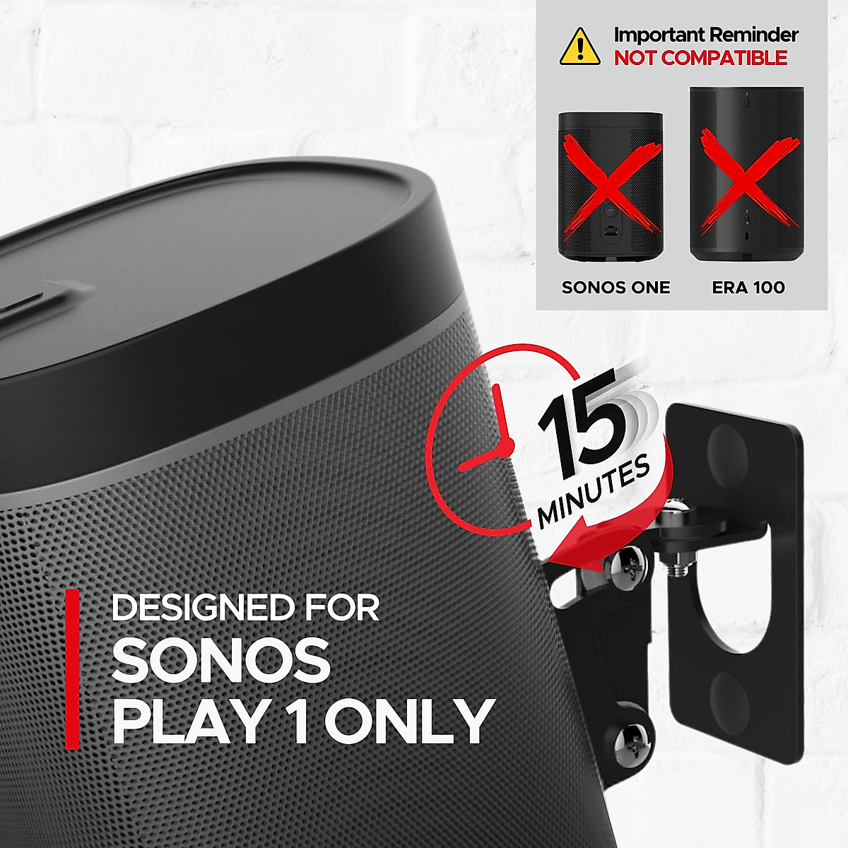 Play 1 Wall Mount, Black, Pair, Compatible with Sonos Play:1 Only, Twin Pack, Adjustable Swivel & Tilt Mechanism, 2 Mounting Brackets Includes All Fixings
