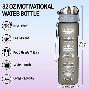 32oz Leakproof Water Bottle with Time Marker & Straw lid to Ensure You Drink Enough Water Throughout The Day for Fitness and Outdoor Enthusiasts, BPA Free, With straw Brush (1 Water Bottle)