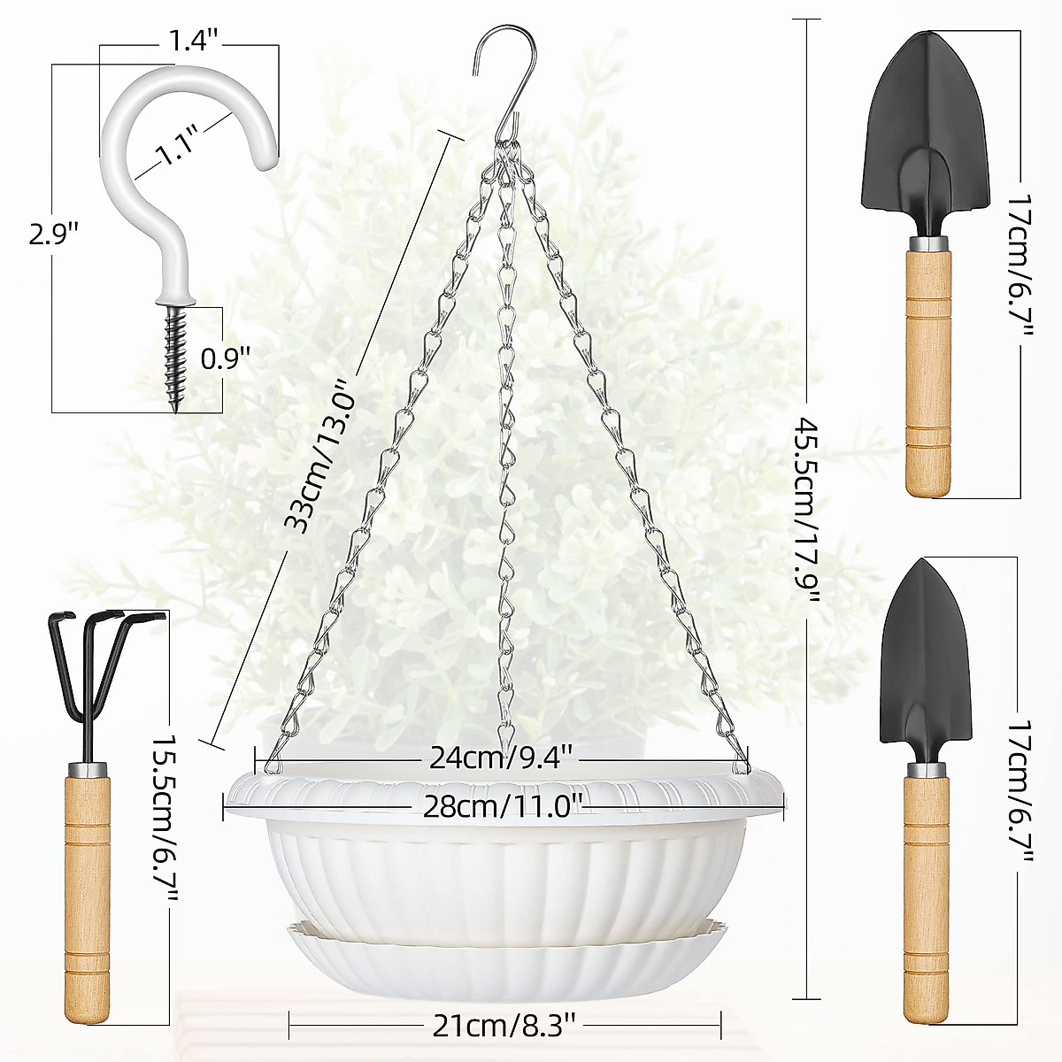Hanging Planters, 5 Pcs 11" Hanging Pots, White Hanging Flower Pots, Hanging Plant Pots Baskets for Plants with Drainage Trays, Hanging Chains and Ceiling Hooks, Come with Free Garden Tools Set