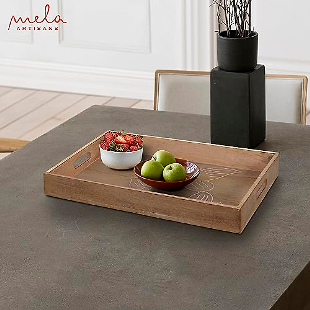 Wooden Whitewash Decorative Trays w/Handles - “Butterflies” Farmhouse Tray for Coffee Table - Wood Serving Tray for Breakfast in Bed - Mango Wood Decorative Tray w/Felt Pads - 20” x 14” x 2.5”