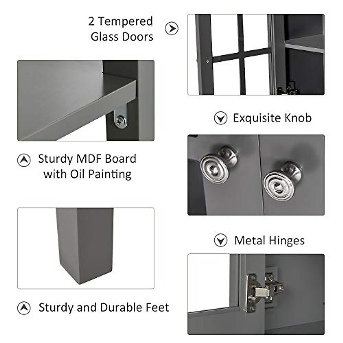 HOMCOM Coffee Bar Cabinet, Modern Sideboard Buffet Cabinet, Kitchen Cabinet with 2 Glass Doors, Adjustable Inner Shelving and Bottom Shelf, Grey