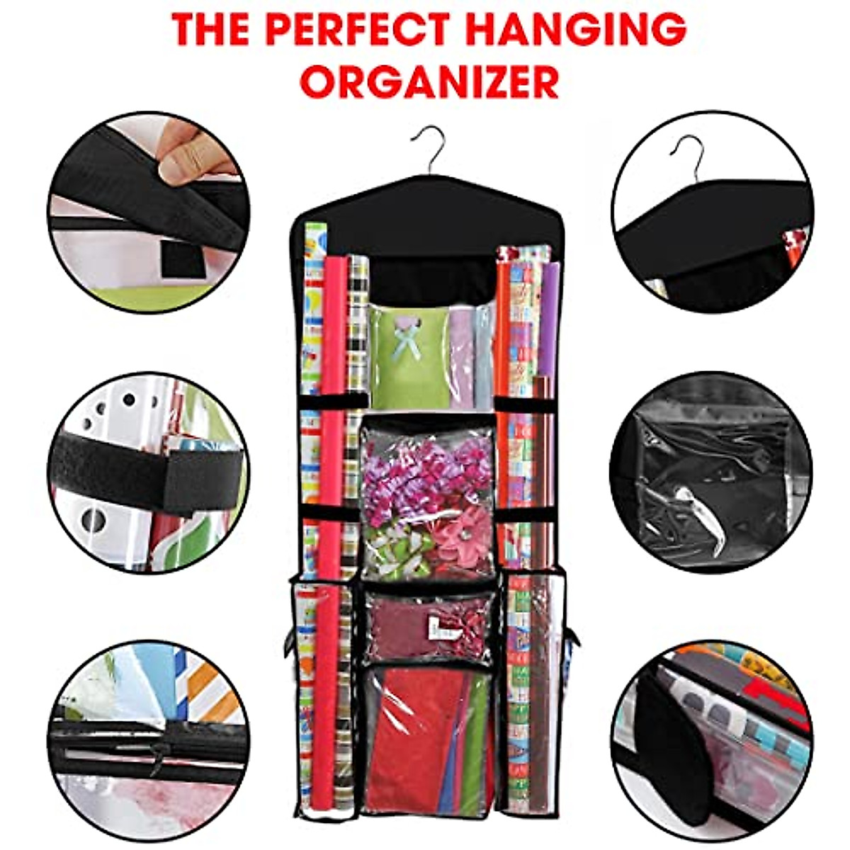 Hanging Gift Wrapping Paper Storage Organizer Bag, Double Sided Multiple Front & Back Pockets Organize Your Gift Wrap, Gift Bags Bows Ribbons 40"X17" Fits Long 40 Inch Rolls Clear PVC Bag (Full Black)