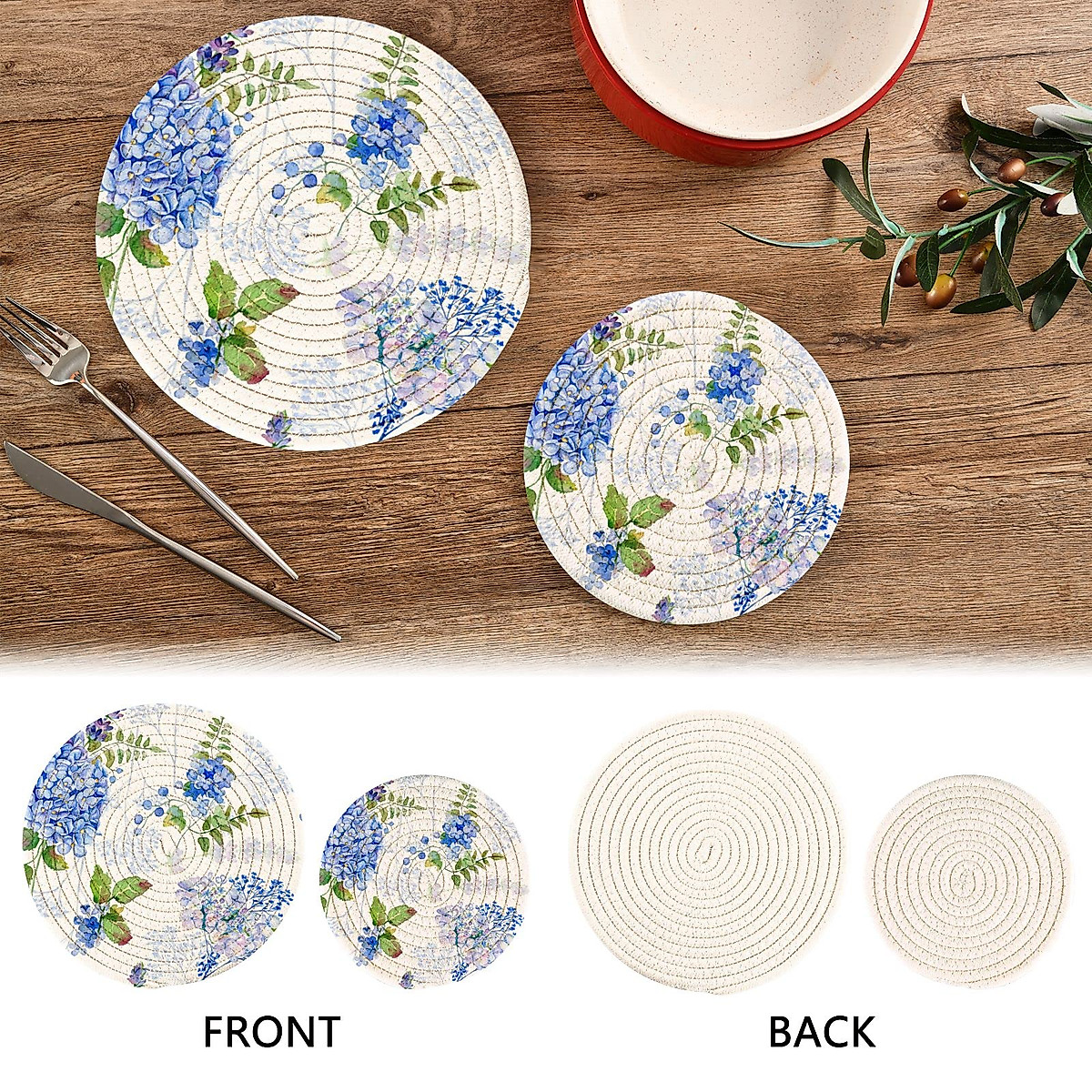 susiyo Blue Hydrangea Pot Holders Trivets Set 2 Pcs Cotton Hot Potholders Hot Pads for Cooking
