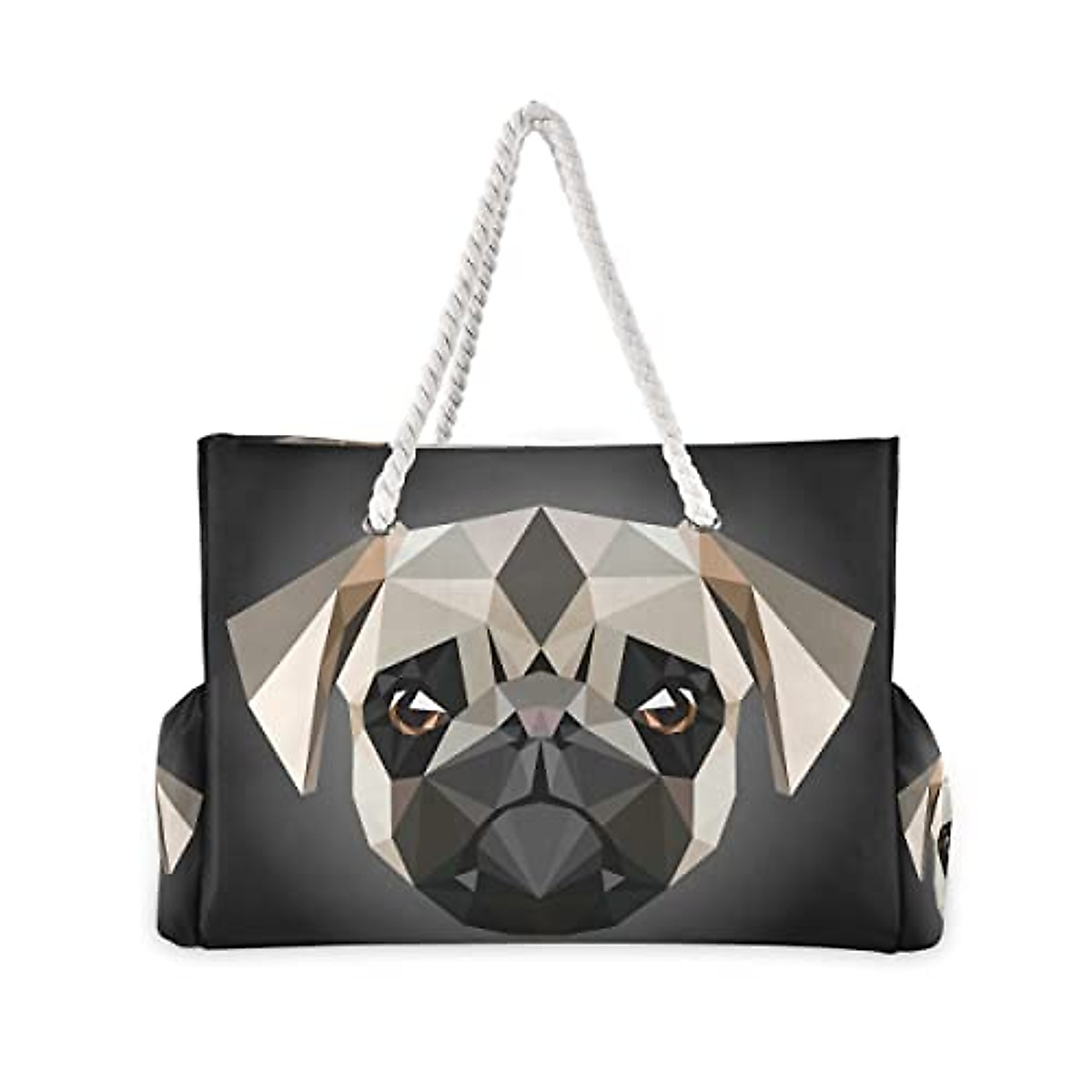ALAZA Cute Pug Dog Face Animal Print Fun Large Beach Bag For Women Tote Bags Reusable Grocery Shoulder Bag with Zipper Closure Pocket
