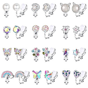 CASSIECA 12 Pairs Cute Clip on Earrings for Women Hypoallergenic Butterfly Flower Pearl Rainbow CZ Clip-on Earrings Women Multicolored Non-Pierced Earrings Set