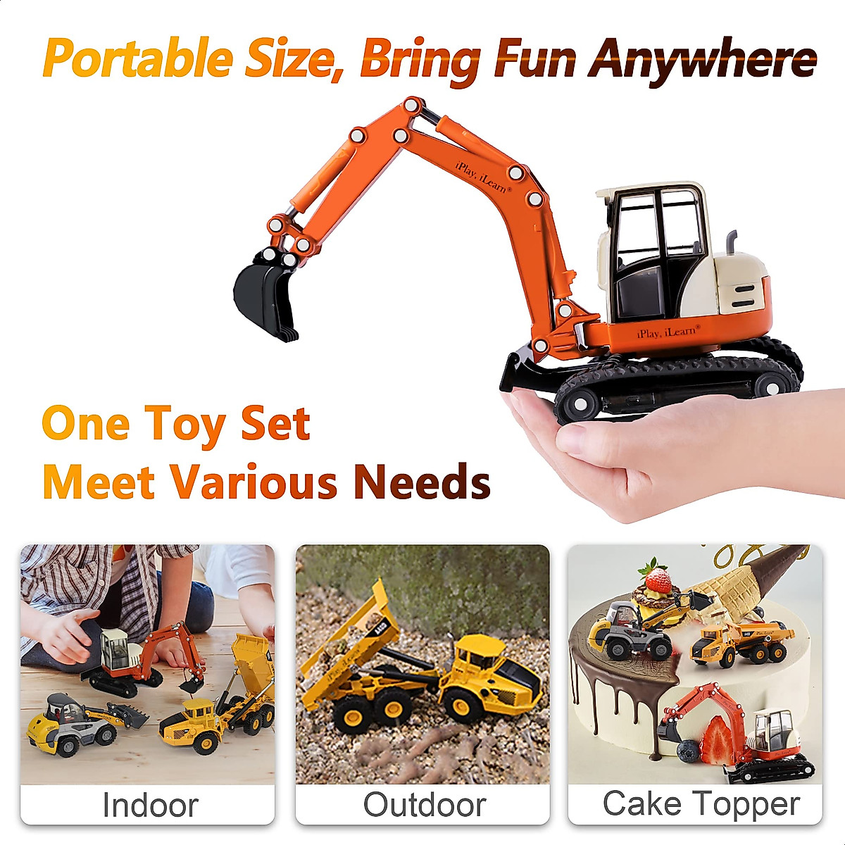 iPlay, iLearn Heavy Duty Construction Site Playset, Metal Dump Truck, Excavator Digger Backhoe, Tractor Bulldozer Diecast Vehicle, Outdoor Sandbox Car Toy, Birthday Gift 3 4 5 Year Old Boy Kid Toddler
