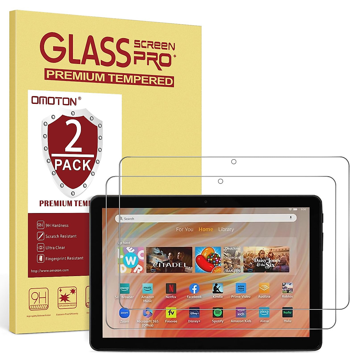 [2 Pack] OMOTON Screen Protector for Amazon Fire HD 10 Tablet (13th/11th Generation, 2023/2021 Released)/Fire HD 10 Plus/Fire HD 10 Kids/Kids Pro All-New 10.1 Inch Tablet, Tempered Glass