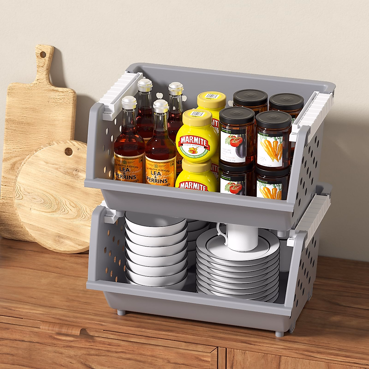 Wakikini Large Plastic Stackable Storage Baskets, Plastic Open Front Stacking Bins, Gray, 4 Packs