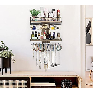 SOLIMINTR Jewelry Organizer Wall Mounted Skincare Product Organizer with Rod Rustic Wood Hanging Storage Shelves Rack Double-layer Holder Display for Necklaces Earrings Bracelet Ring Weathered Grey